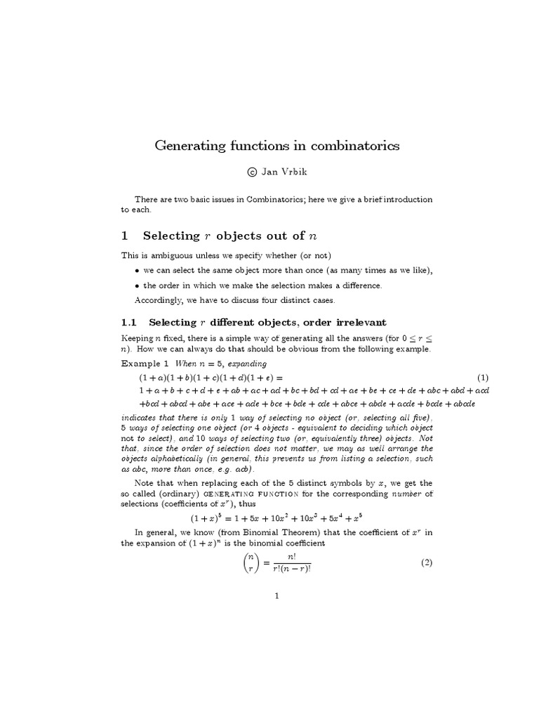 Generating Functions In Combinatorics 1 Selecting R Objects Out Of N Pdf Function