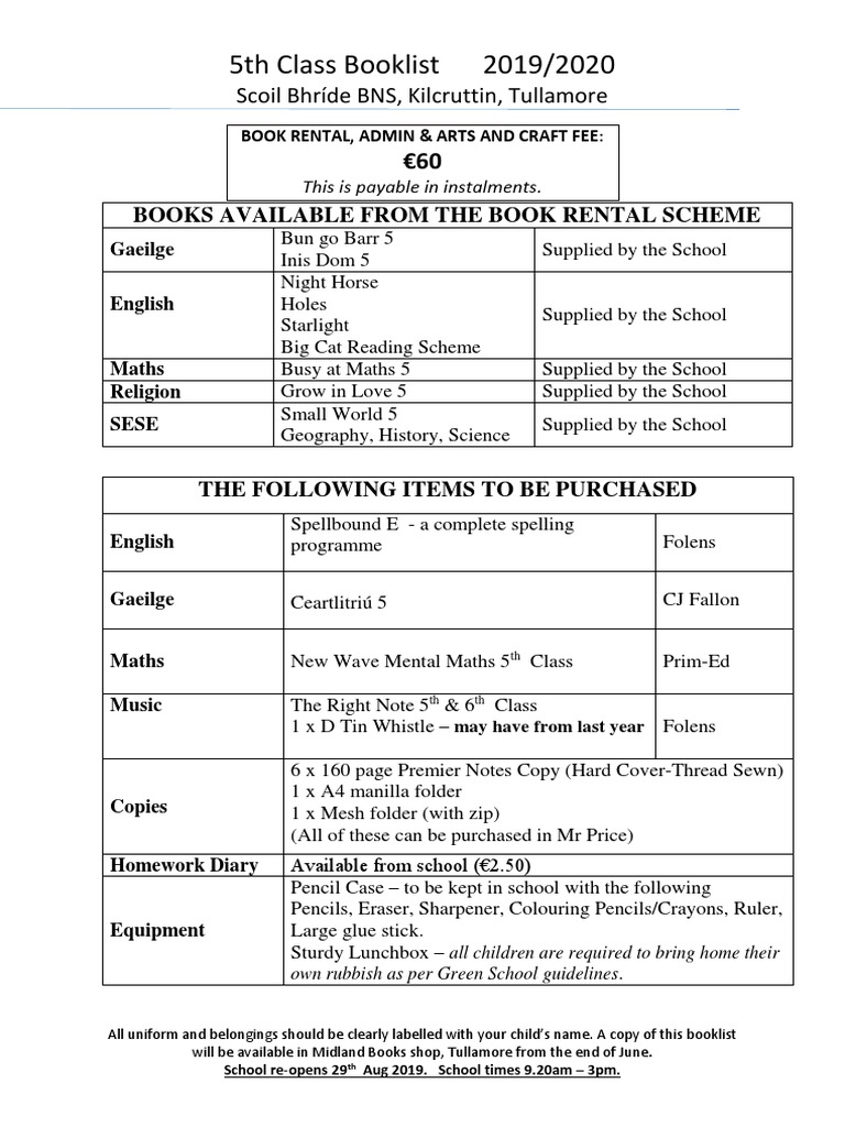 5th Class Book List 2019 To 2020 | PDF | Stationery | Conservation And ...