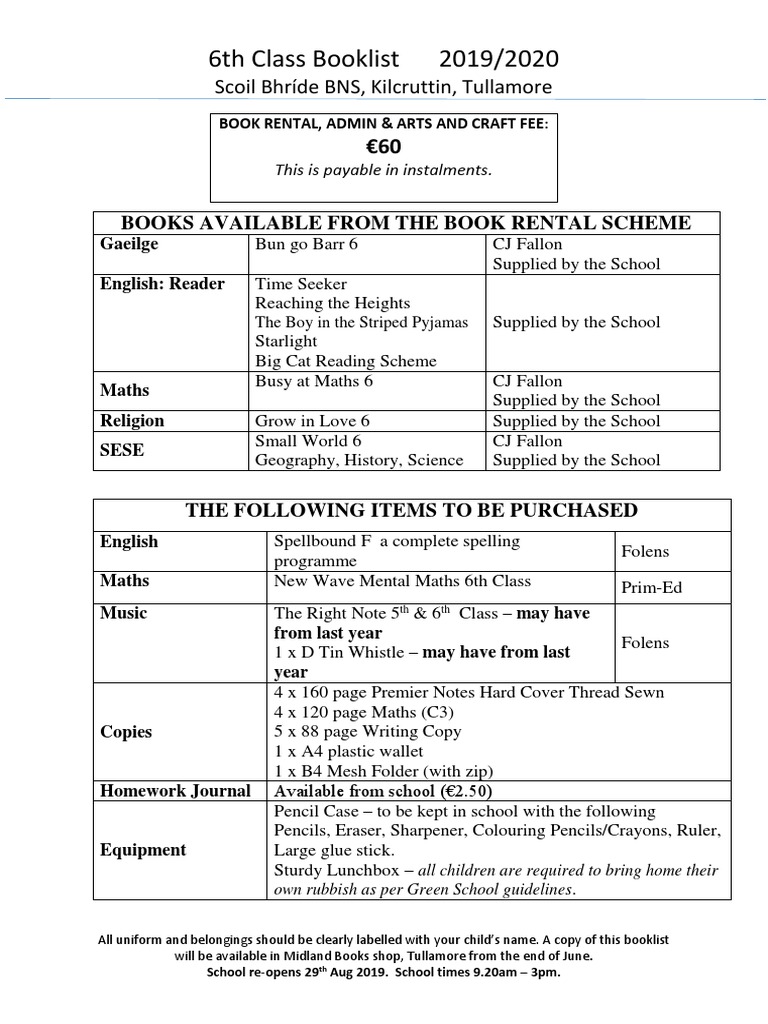 6th Class Book List 2019 To 2020 | PDF | Stationery | Conservation And ...