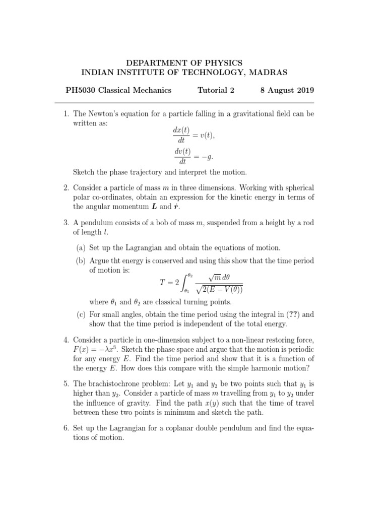 Problems On Classical Mechanics IIT Madras | PDF