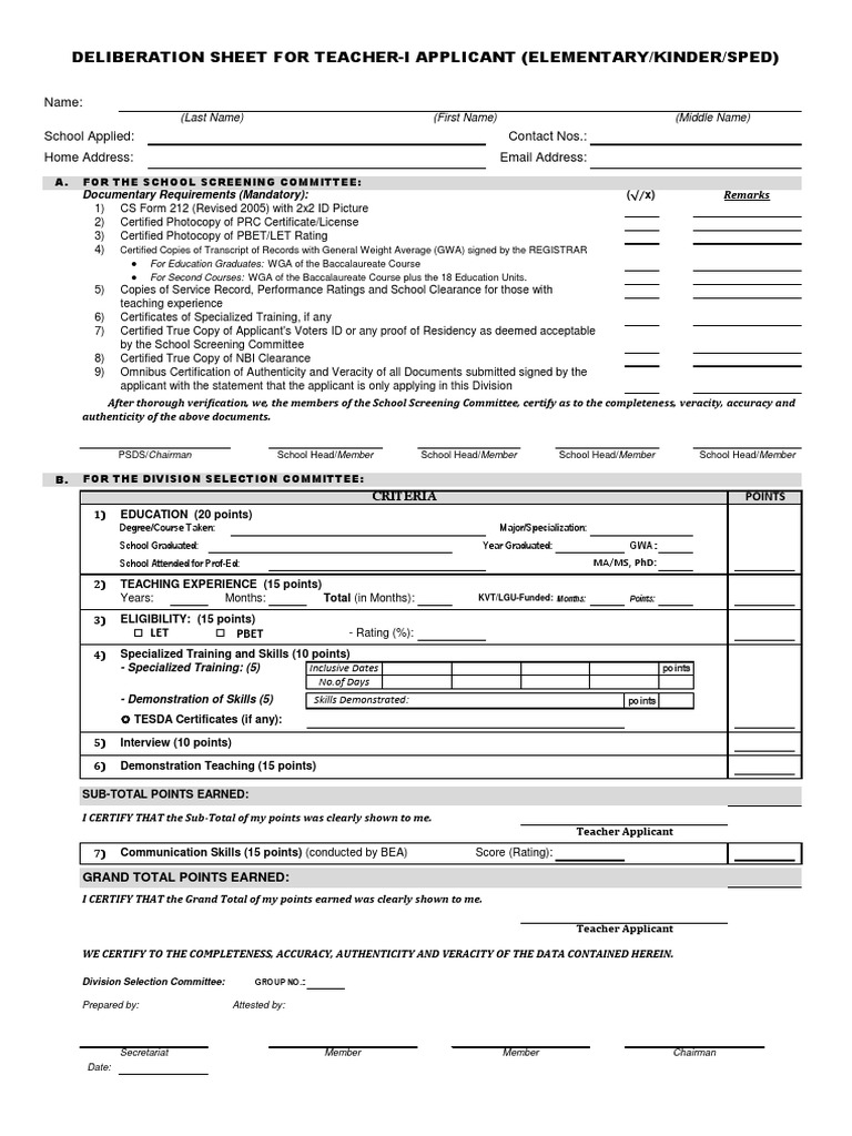 Deliberation Sheet For Teacher-I Applicant 2019 - ELEMENTARY PDF | PDF
