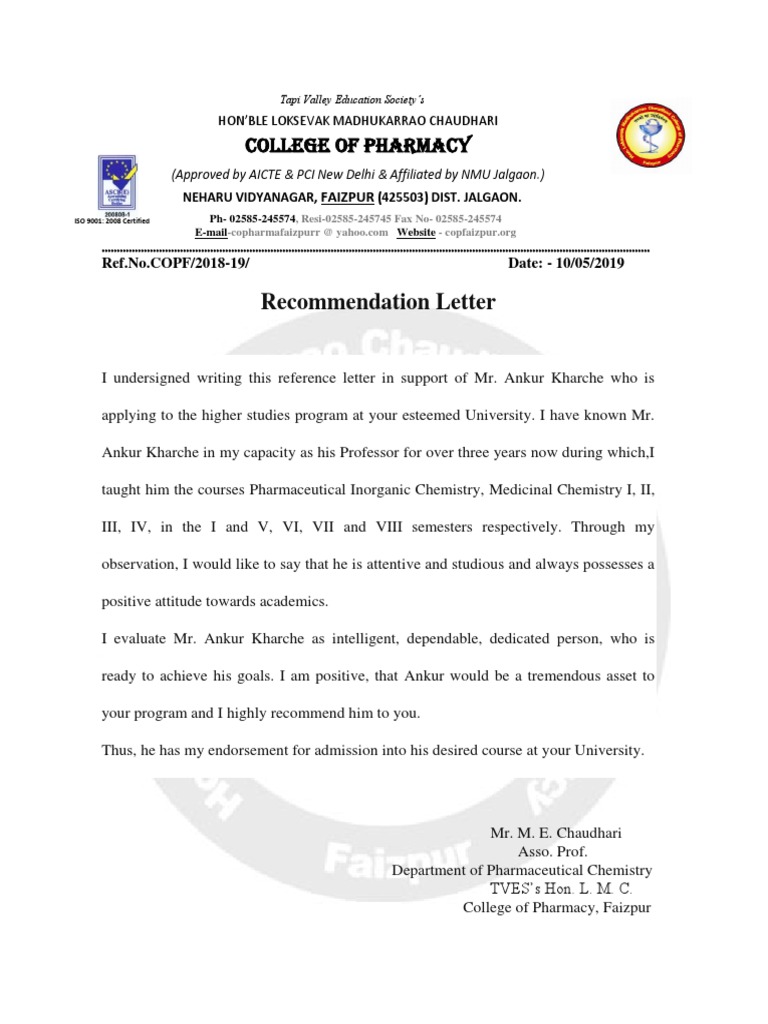 Recommendation Letter: College of Pharmacy | PDF | Wellness | Science ...