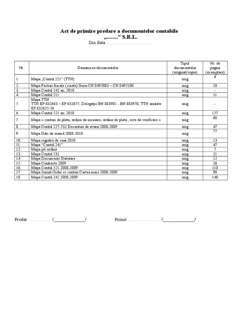 Act de Primire Predare A Documentelor Contabile | PDF | Ajedrez | Deportes