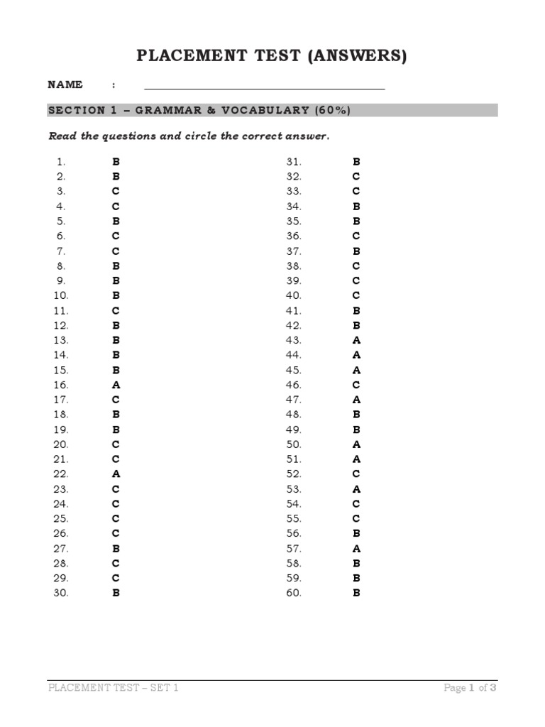 Placement Test Answers and Solutions | PDF | Learning