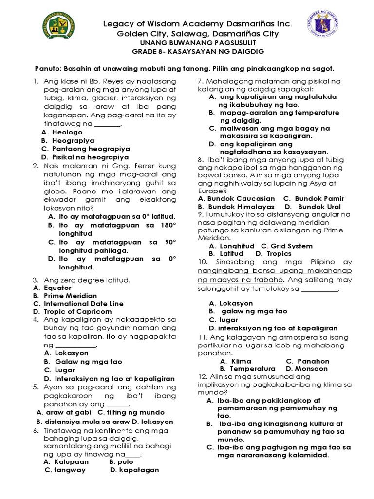 Grade 8 AP - 1st Monthly Exam | PDF