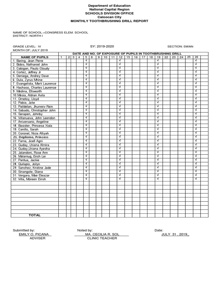 Monthly Toothbrushing Form | PDF