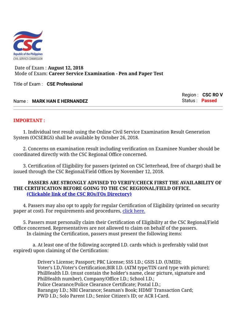 CSC Exam Results and Certification Guide | PDF