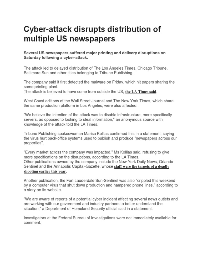 Cyber-Attack Disrupts Distribution of Multiple US Newspapers | PDF ...