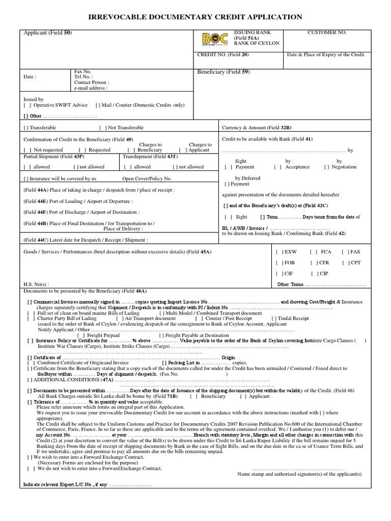 Irrevocable Documentary Credit Application: Applicant (Field 50) | PDF ...