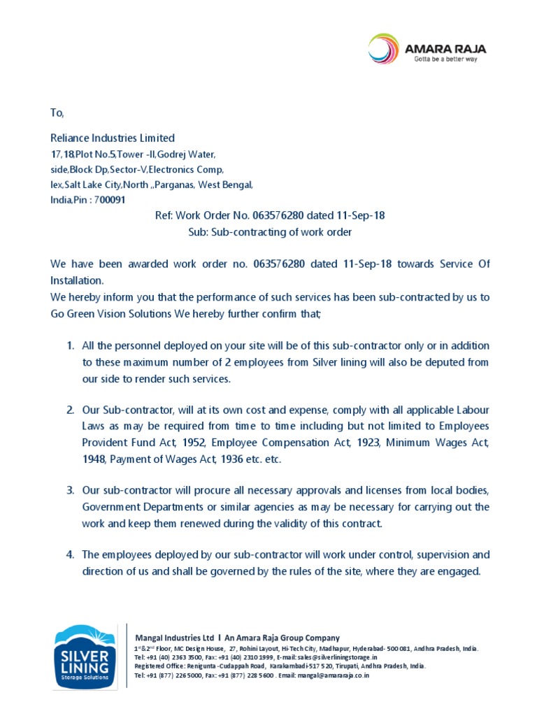 Sub Contractor Letter | PDF | Business Law | Virtue
