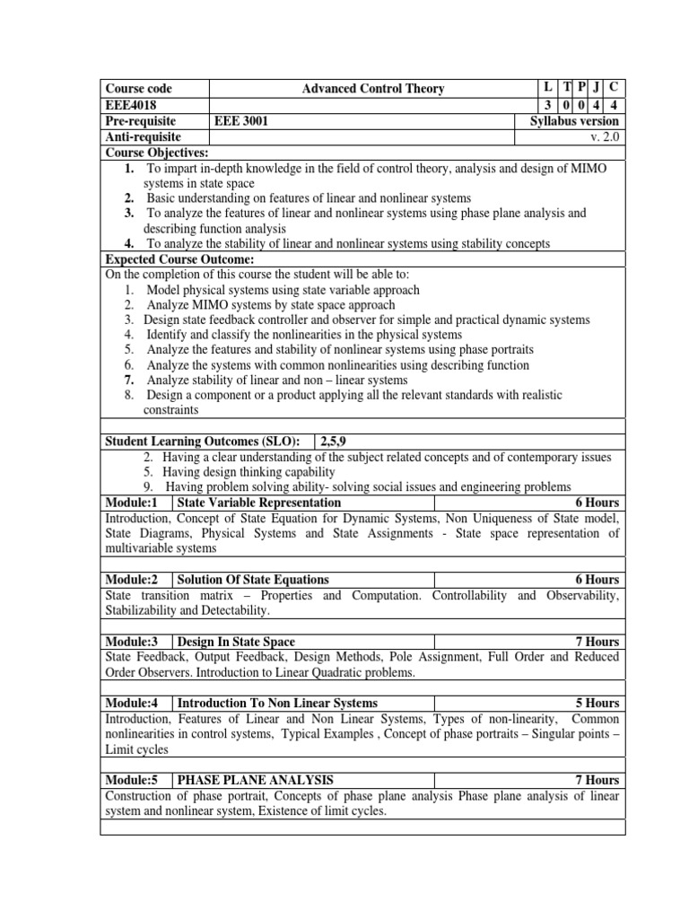 Syllabus EEE4018 Advanced Control Theory | PDF | Control Theory ...