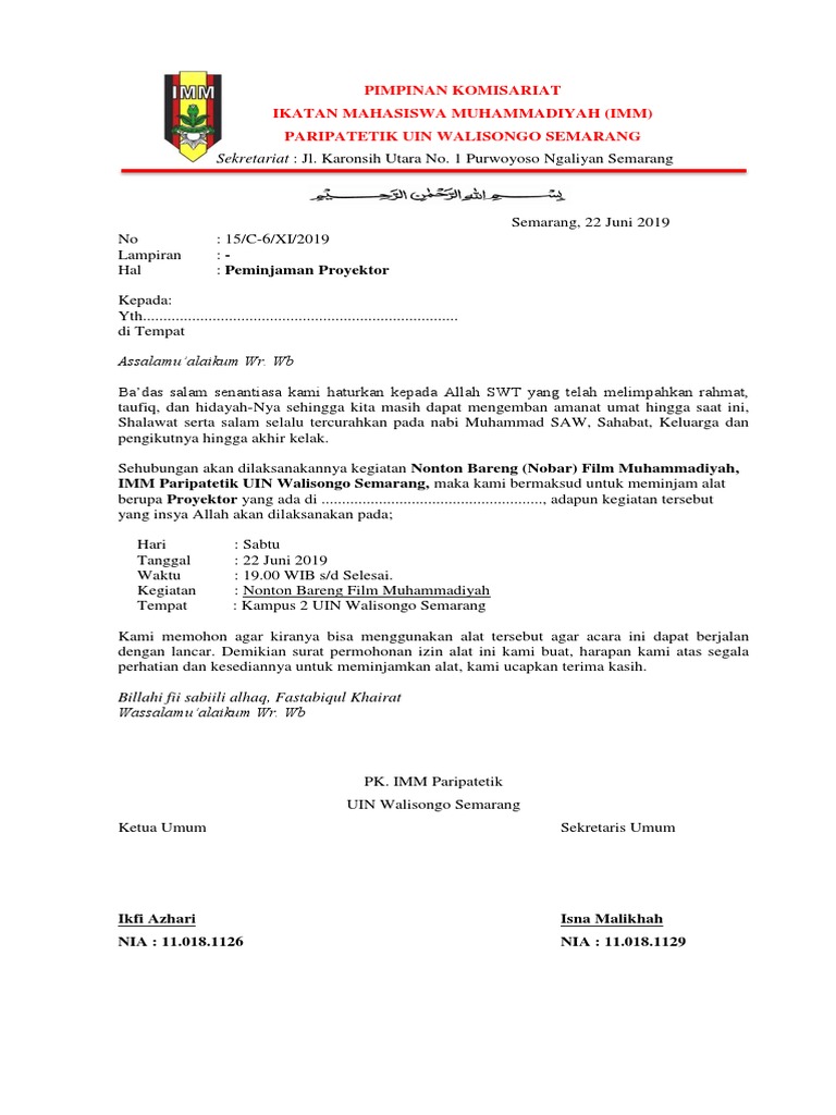 Surat Peminjaman Proyektor | PDF