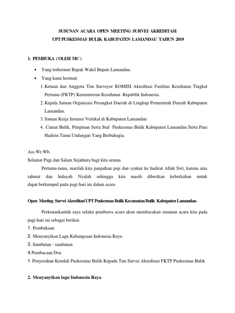 Susunan Acara Open Meeting Survei Akreditasi PKM Bulik | PDF