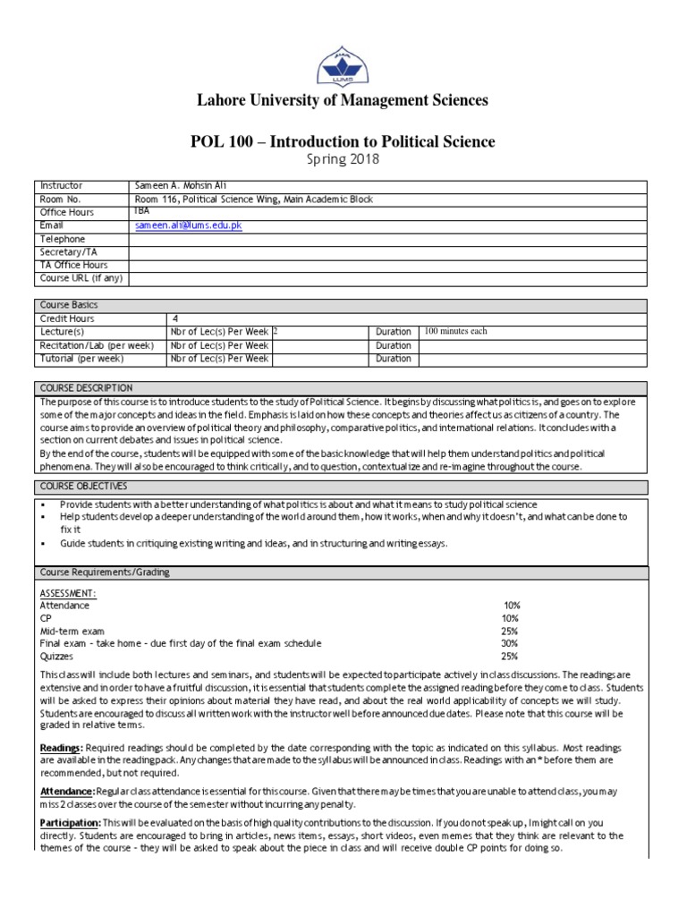 POL 100-Introduction To Political Science-Sameen A. Mohsin Ali ...