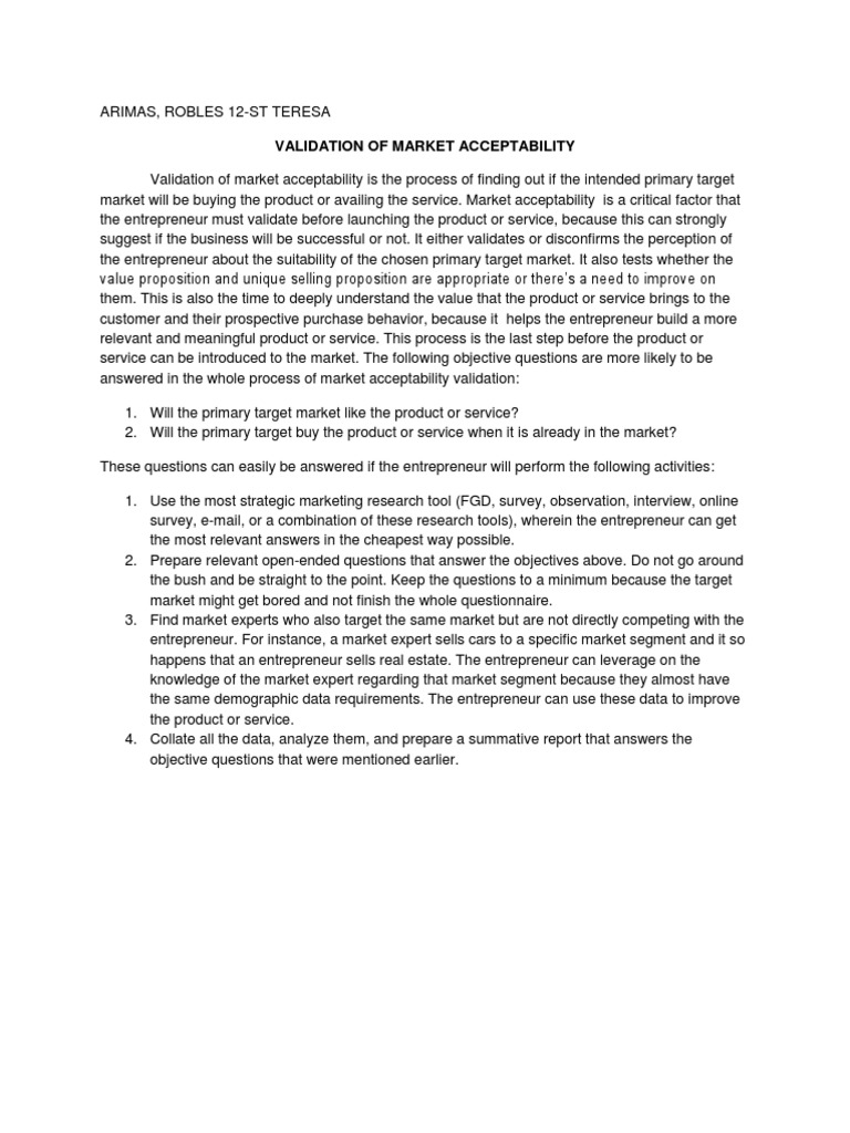 Validation of Market Acceptability | PDF | Market Segmentation | Market ...