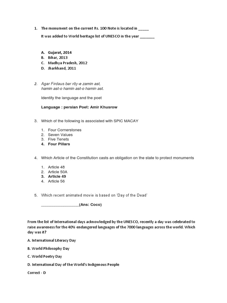 Heritage Club Quiz Questions | PDF | South Asia