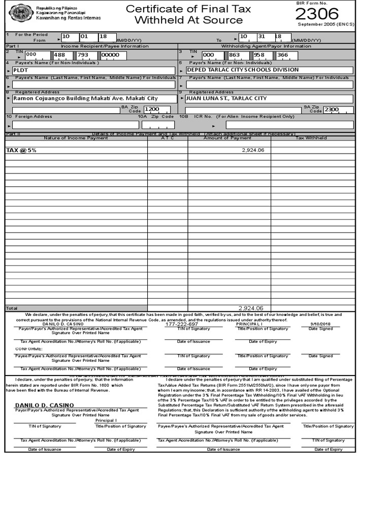Bir 2306 PLDT | PDF | Withholding Tax | Value Added Tax