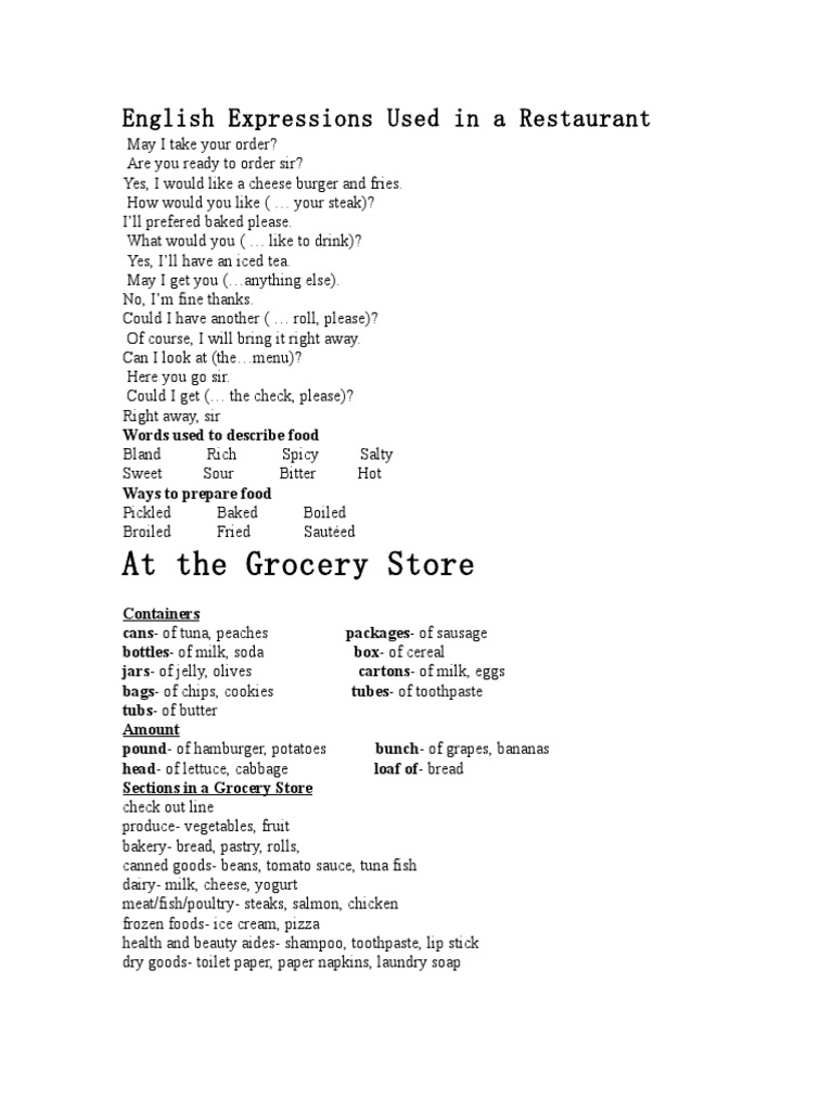 At The Grocery Store: English Expressions Used in A Restaurant | PDF