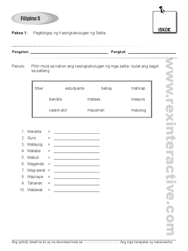 Activity Sheet-Filipino-5 1kasing Kahulugan | PDF