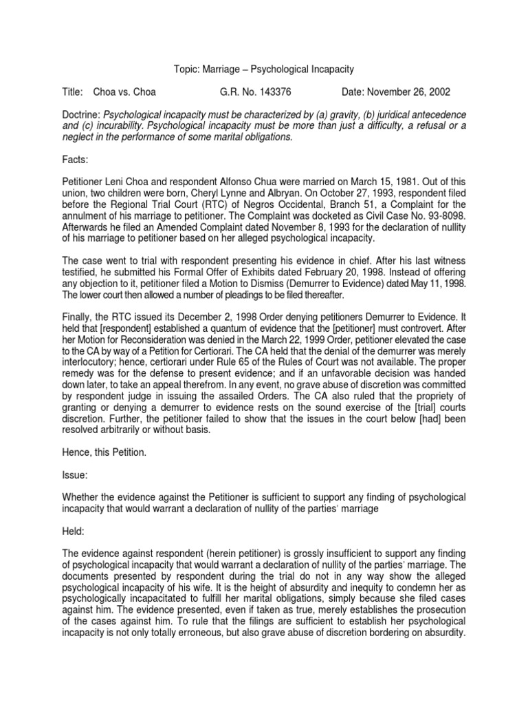 Insufficient Evidence of Psychological Incapacity: Supreme Court ...