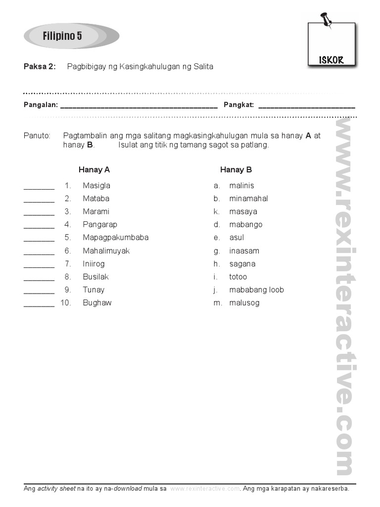 Activity Sheet Filipino 5 2 | PDF