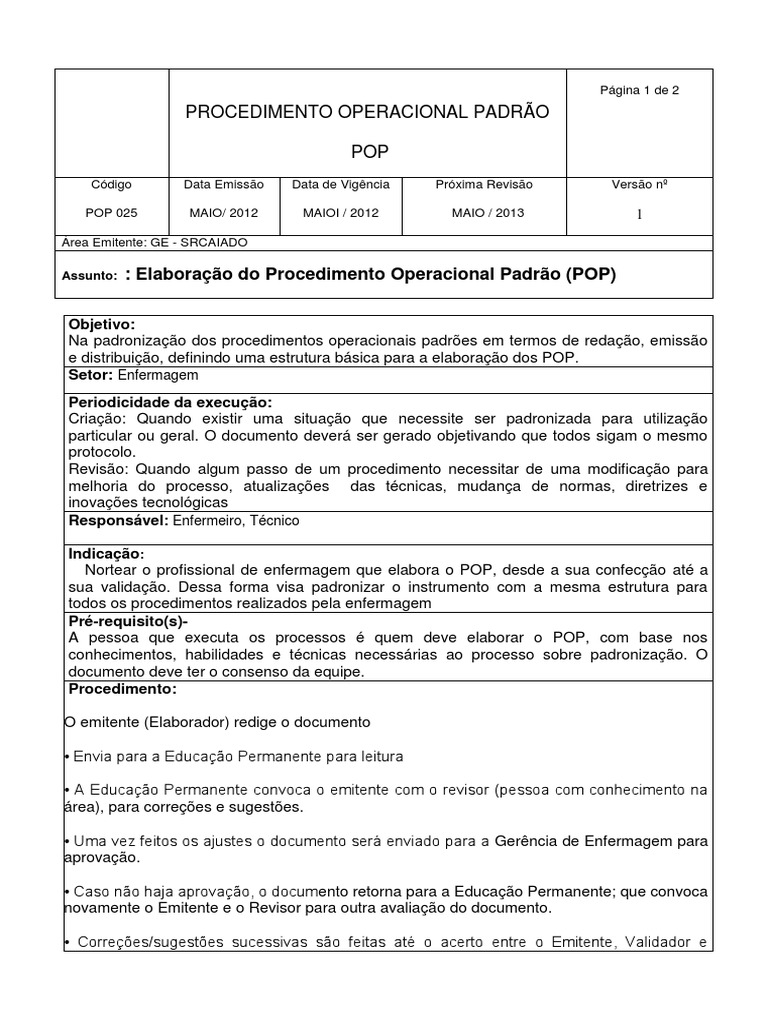 POP Elaboracao Do Procedimento Operacional Padrao POP | PDF | Enfermagem | Informática
