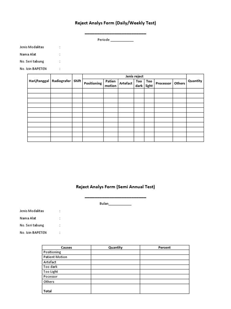Radiography Reject Analysis Forms | PDF