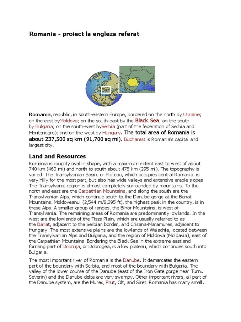 Romania - Proiect La Engleza Referat | PDF | Romania | Earth Sciences
