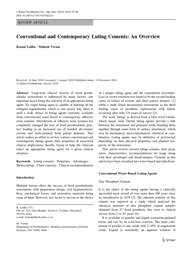 Overview of Luting Cements | PDF | Dental Composite | Dental Material