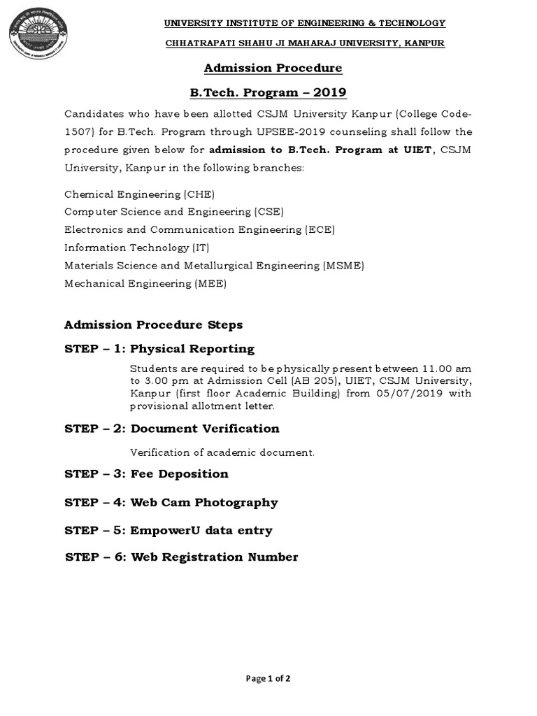 Admission Procedure 2019 | PDF | Engineering