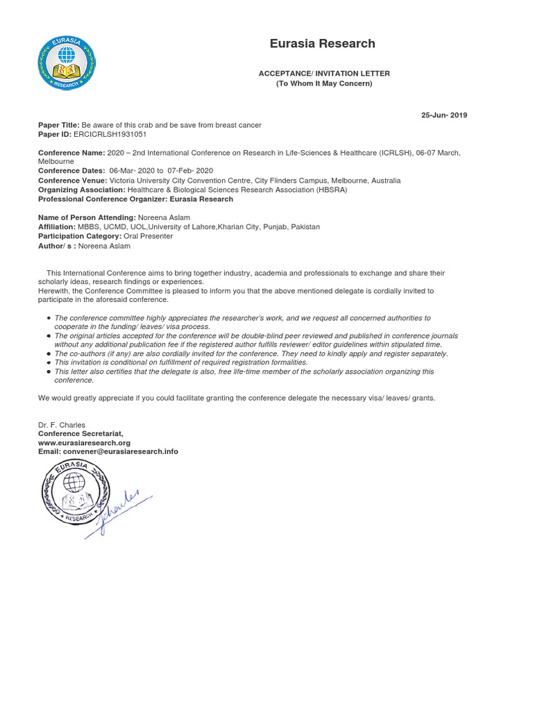Acceptance Invitation Letter ERCICRLSH1931051 | PDF