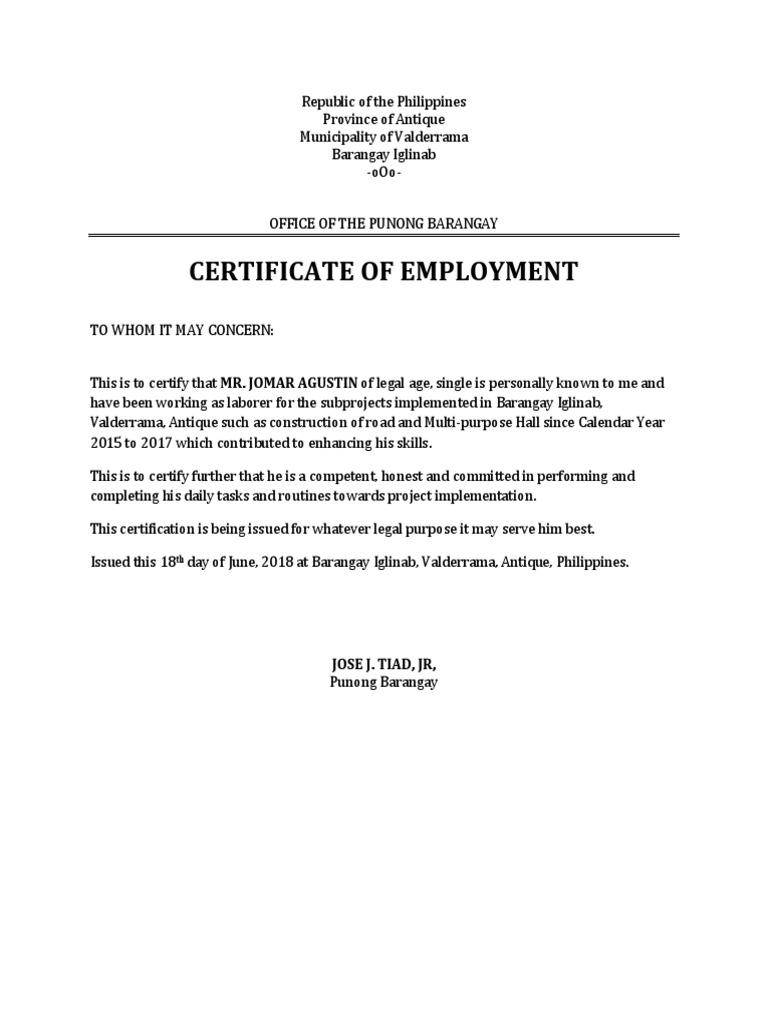 Barangay Employment Certificate for Jomar Agustin | PDF