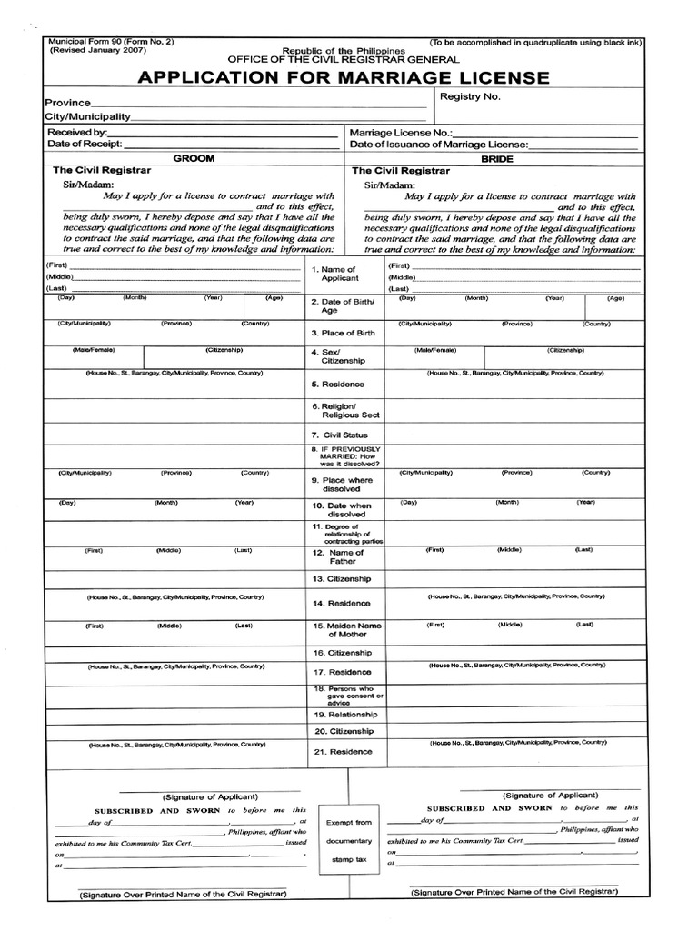 Application Form For Marriage License | PDF