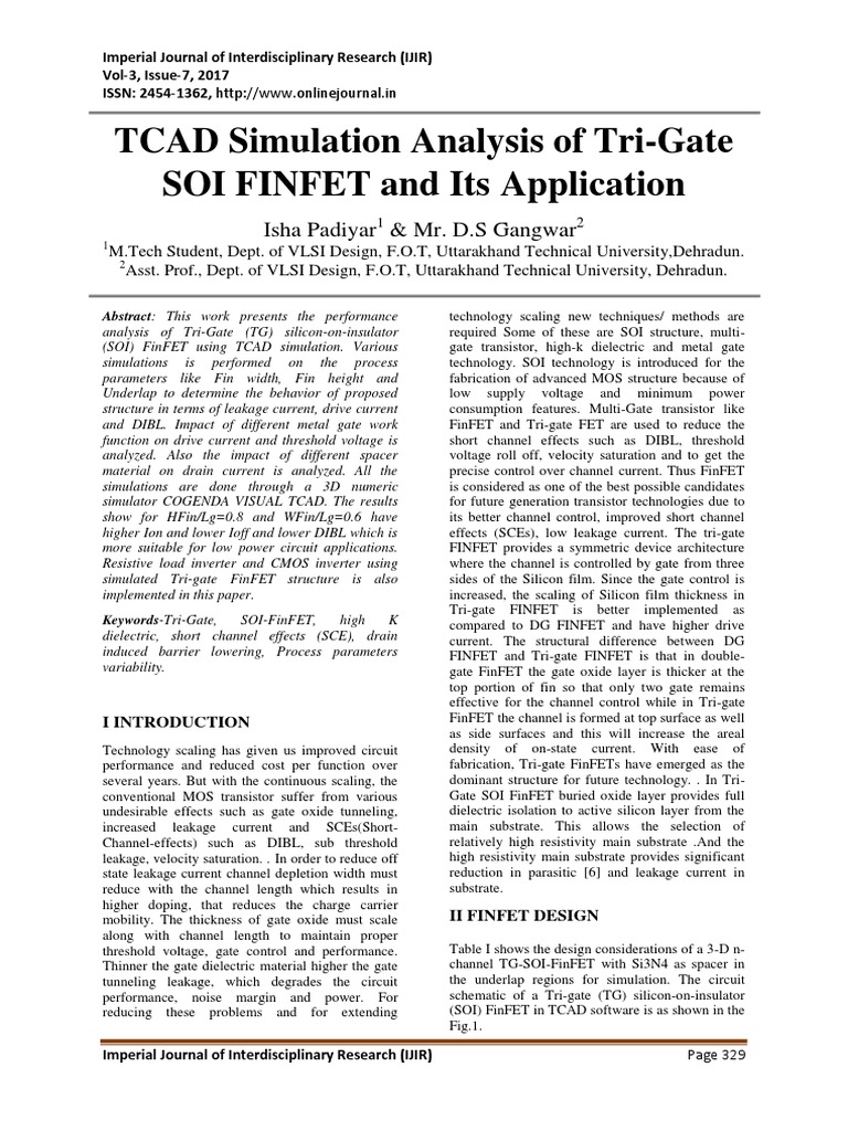 TCAD Simulation Analysis of Tri-Gate Soi Finfet and Its Application | PDF | Field Effect ...