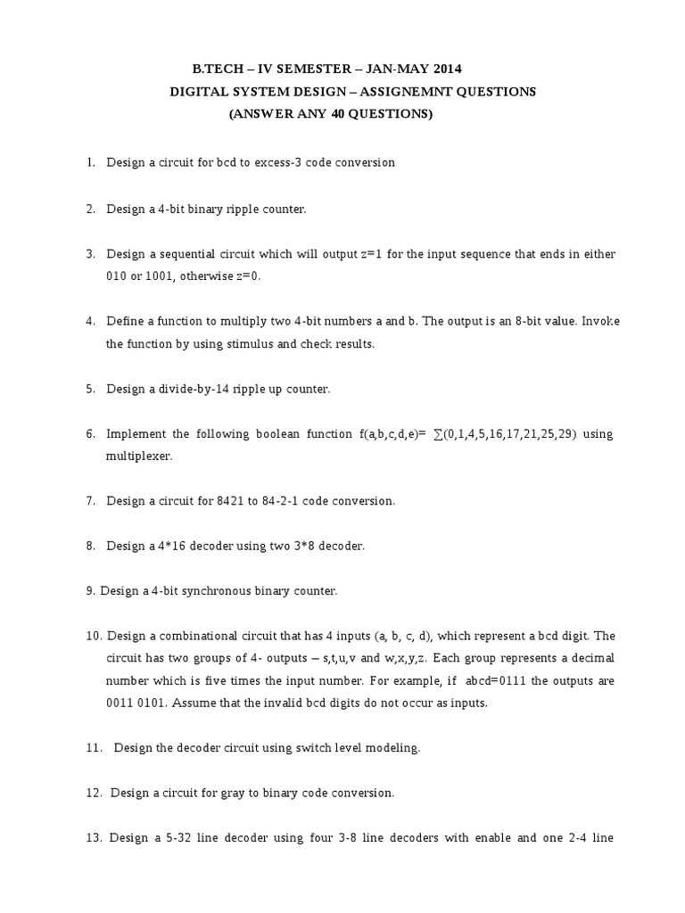 Assignment On Digital System Design Pdf Binary Coded Decimal Bit 9747