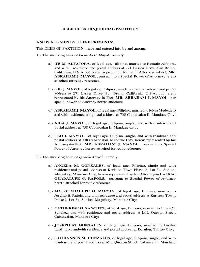 Deed of Partition Mayol | PDF | Civil Law (Common Law) | Property