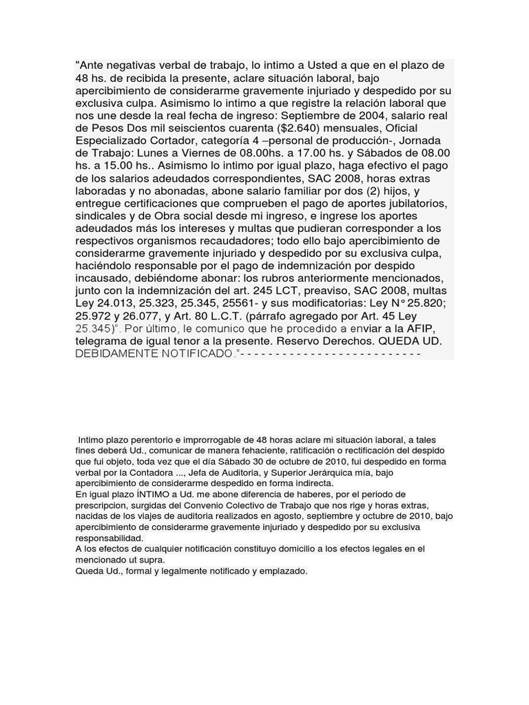 Modelos Telegrama Laboral | PDF | Salario | Relaciones laborales