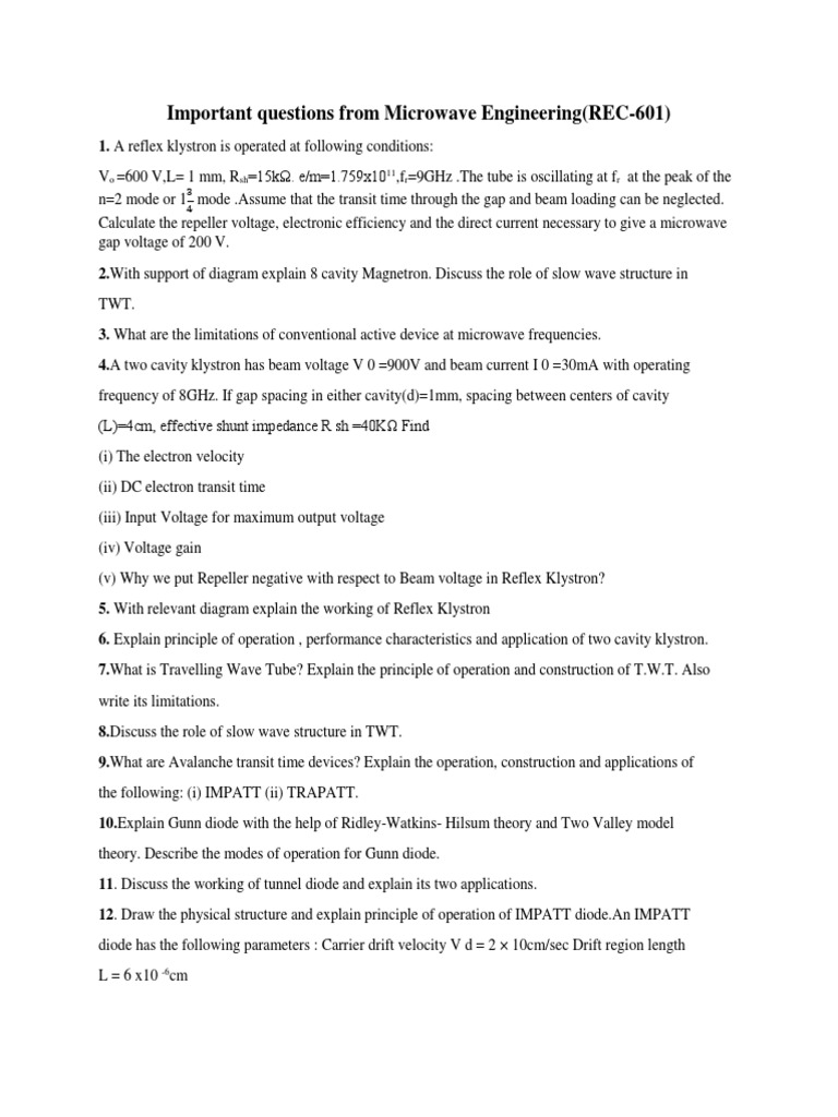 Important Questions From Microwave Engineering (REC-601) : o SH 11 R R | Download Free PDF ...