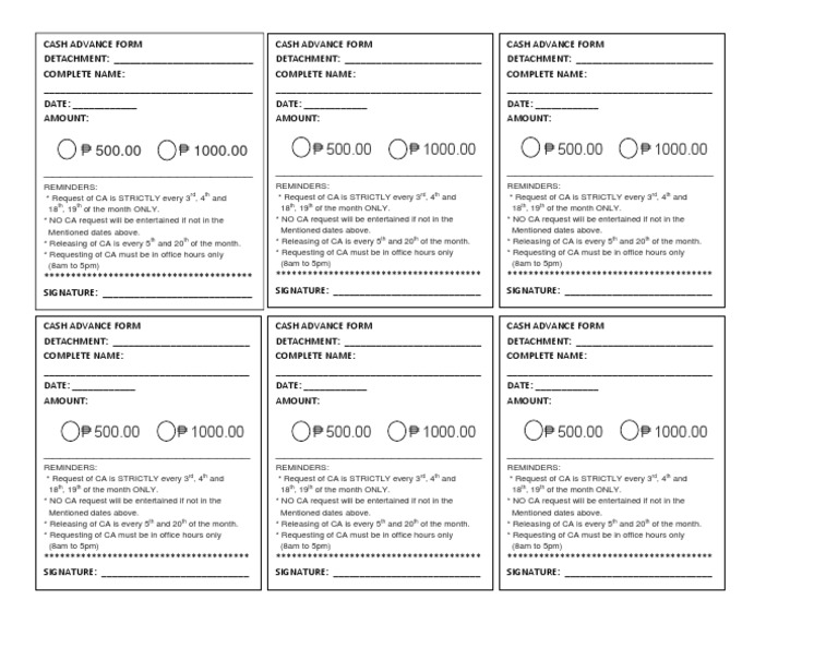 Cash Advance Form DETACHMENT: - Complete Name: - DATE: - Amount | PDF ...