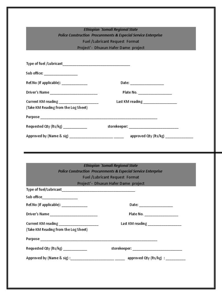 Fuel /lubricant Request Format Project'-Dhuxun Hafer Dame Project | PDF ...