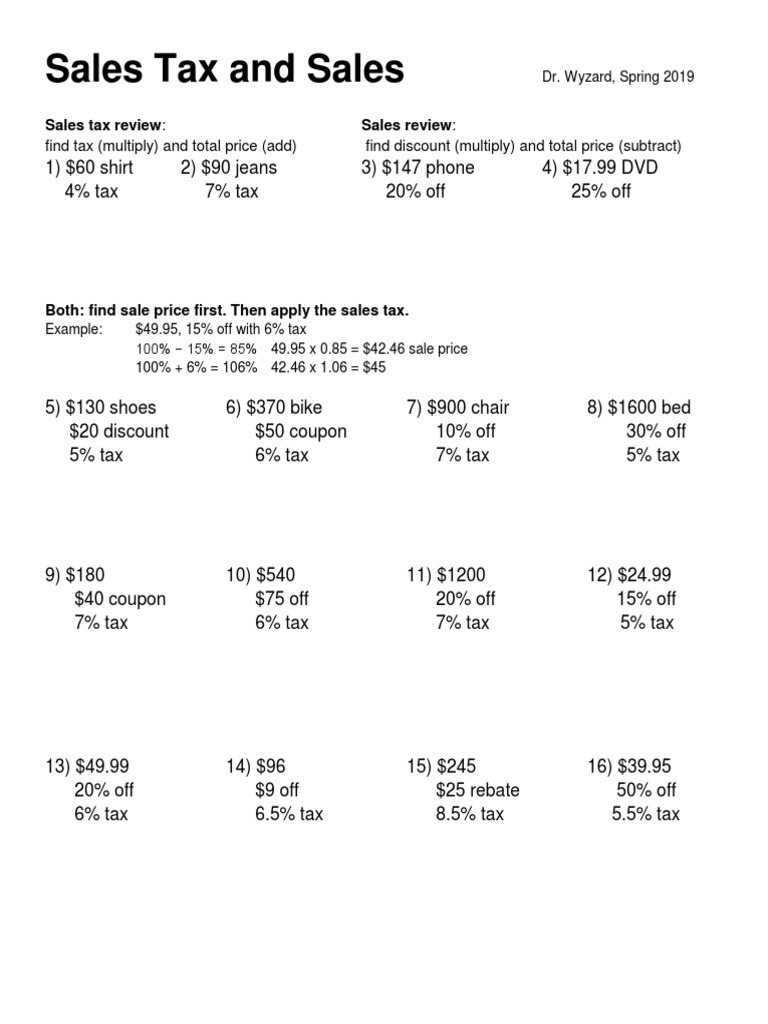 Sales Tax and Sales: Find Tax (Multiply) and Total Price (Add) Find ...