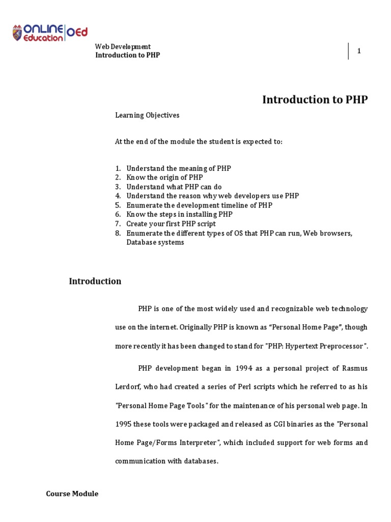Introduction to PHP - Learn Objectives, History & Installation | PDF | Php | Apache Http Server