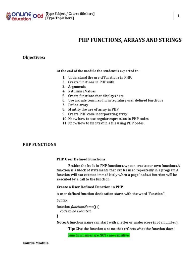 Php Functions Array And Strings Pdf Pdf Parameter Computer Programming Php 2319