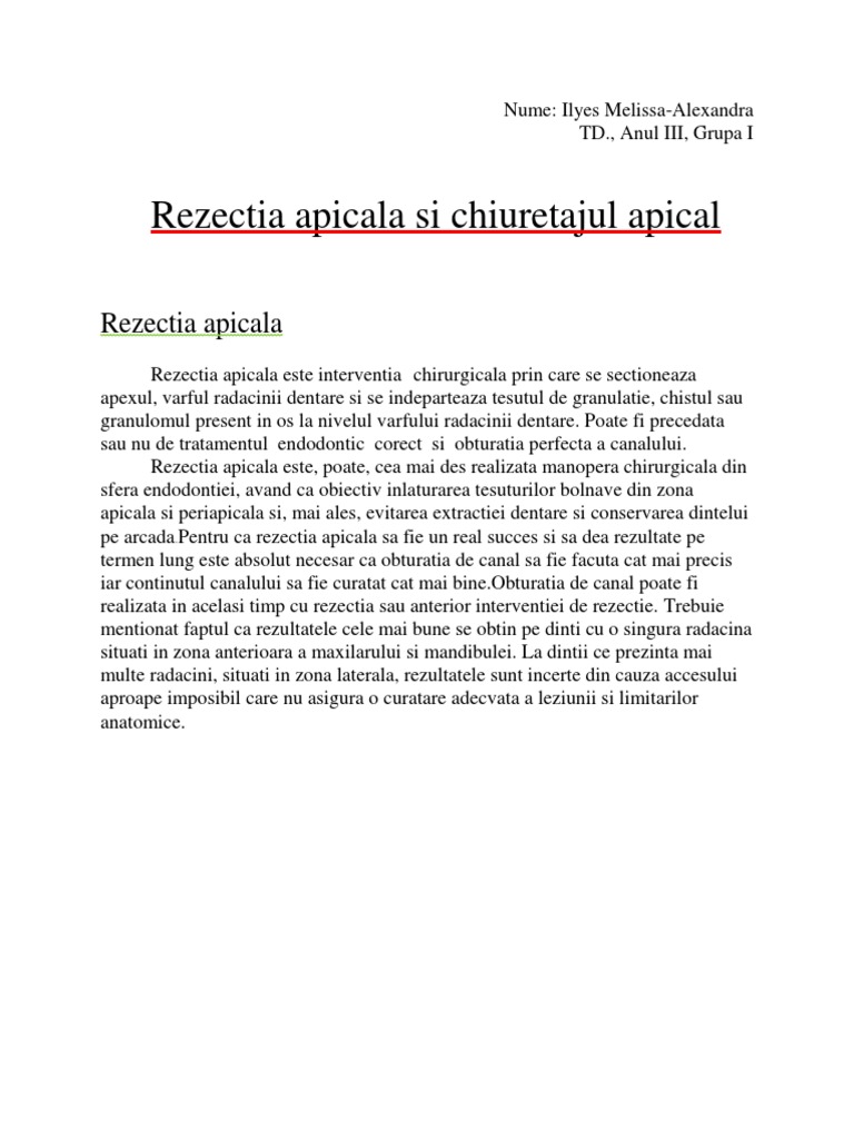 Rezectie Apicala Si Chiuretajul Apical | PDF