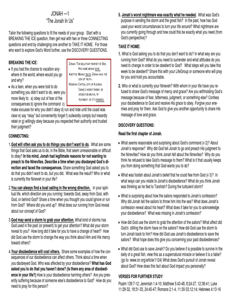 Jonah 1 - Small Group Questions | PDF | Jonah | God