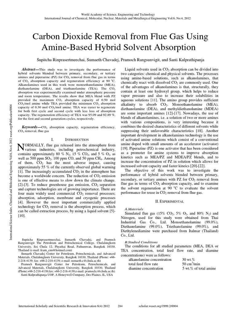 Carbon Dioxide Removal From Flue Gas Using Amine Based Hybrid Solvent ...