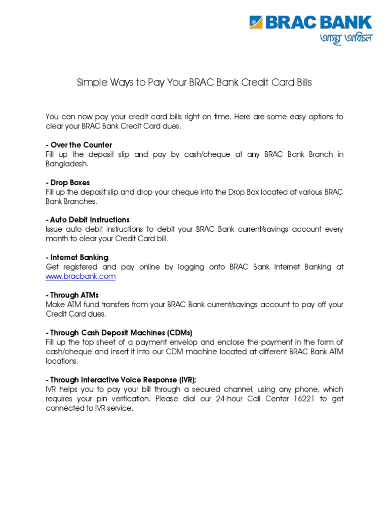 Pay BRAC Bank Credit Card Bills Easily | PDF | Automated Teller Machine ...