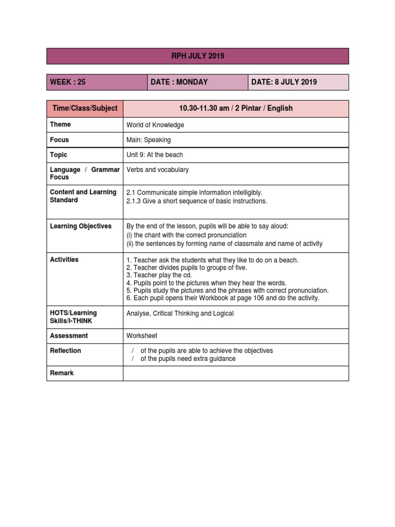 RPH July 2019: Theme Focus Topic Language / Grammar Focus Content and ...