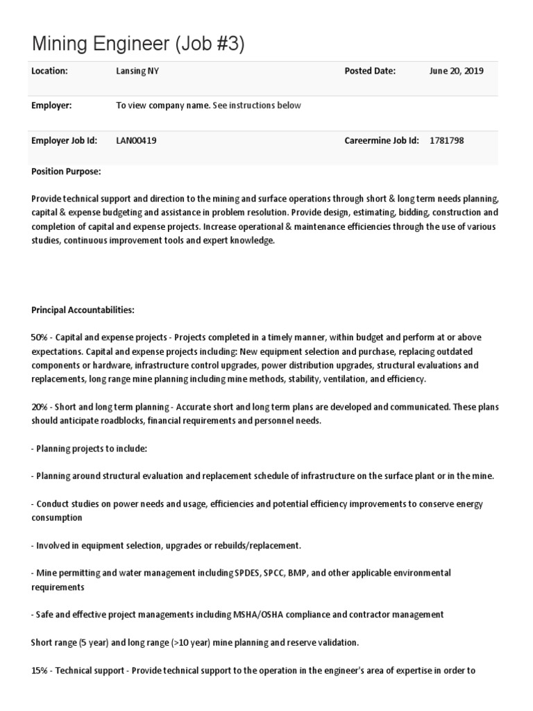 Mining Engineer (Job #3) : Location: Posted Date | PDF | Technical ...