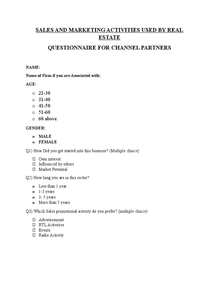 Channel Partner Questionnaire | PDF | Marketing | Business Economics